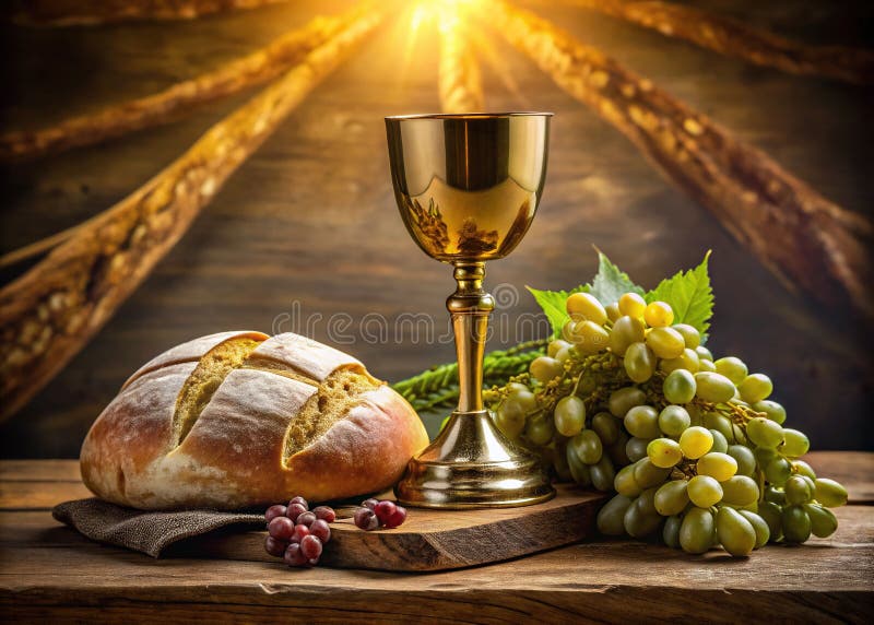 Heavenly Embrace a Double Exposure of Bread and Wine Symbolizing the Holy Communion and Divine ...