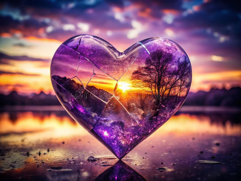 A Striking Double Exposure of a Fractured Heart in Purple Hues a Visual ...