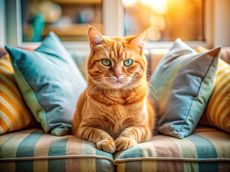 Relaxed Ginger Cat on a Cozy Couch a Double Exposure Portrait of a ...