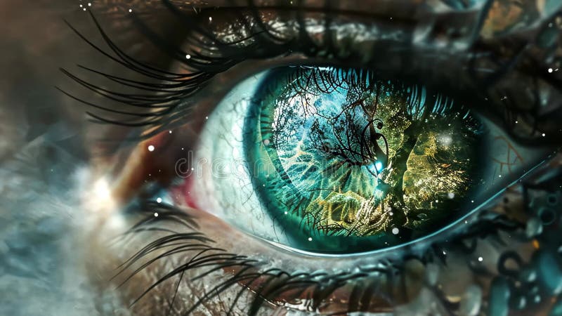 A Close-Up View of a Striking Eye Reflecting a Vivid Forest Landscape ...
