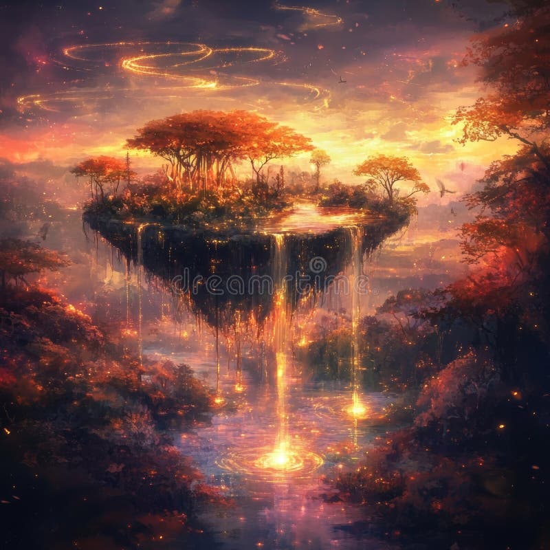 Captivating Fantasy Scene Trees Floating Island Waterfall Stock Photos ...