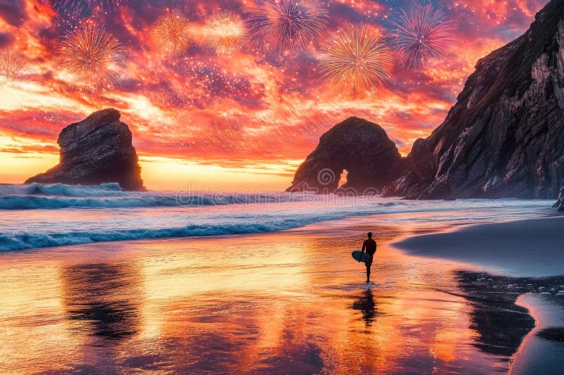 Captivating Fireworks Display Over Ocean at Sunset with Mountains and ...