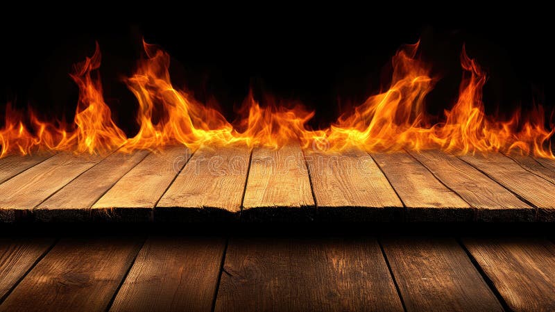 Captivating Flames Dance Above a Wooden Table with Empty Space for ...