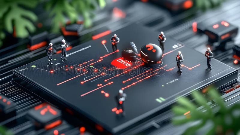 Futuristic Abstract Scene with Miniature Human Figures on Digital ...