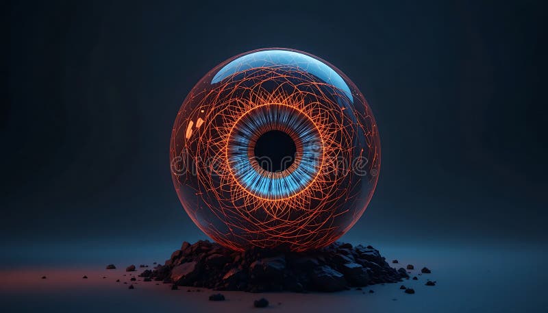 Glowing Futuristic Eye Orb with Blue Iris and Orange Network Design ...