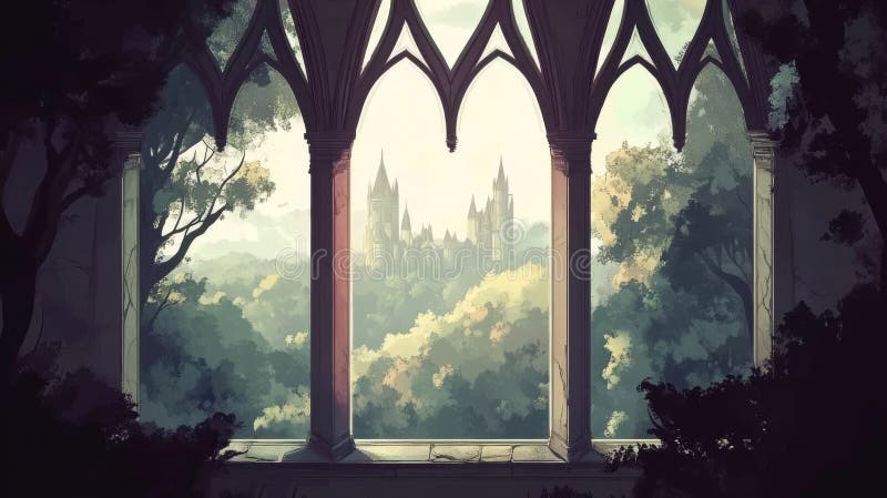 Captivating Gothic Arch Windows with a View of Lush Greenery Stock ...