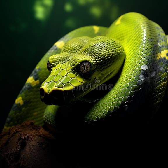 Vibrant Venom: Green Tree Python Strikes in Rainforest Stock ...