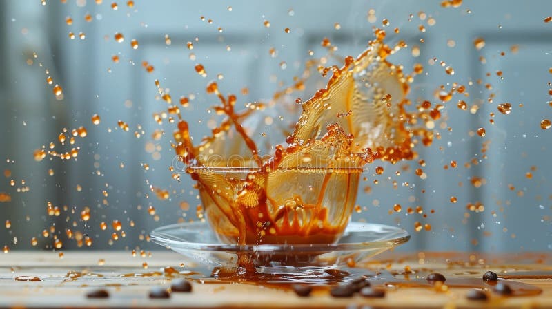 Dynamic Espresso Splash in Glass Cup with Coffee Beans Scattered Stock ...