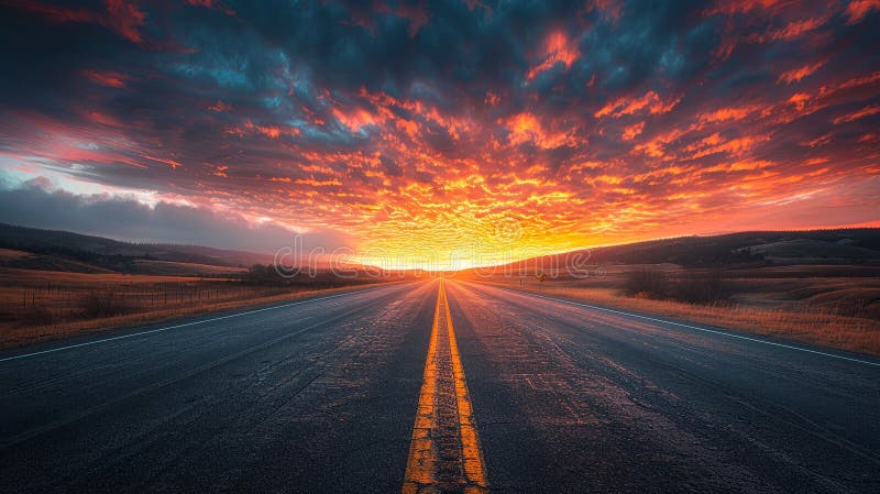 Dramatic Sunset Over a Highway with Fiery Clouds and Vibrant Colors in ...
