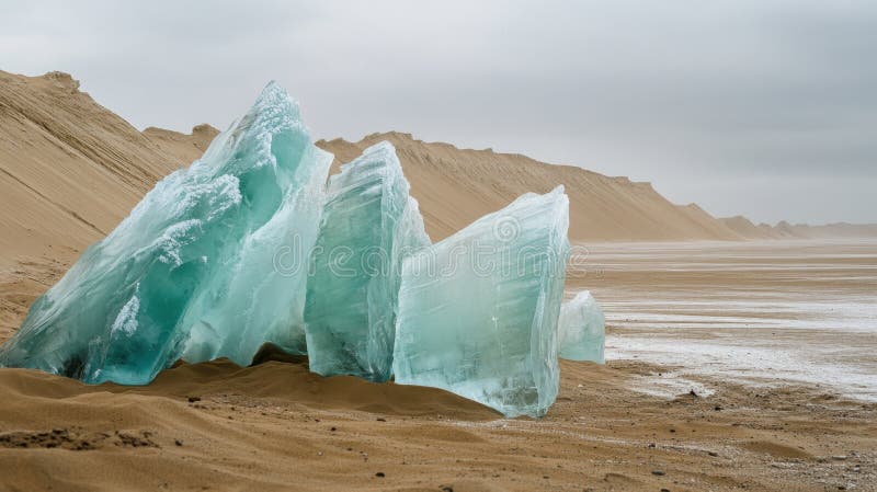 Captivating Ice Formations on Sandy Desert Landscape Under Overcast Sky ...