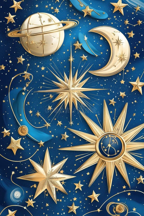 Celestial Elements with Stars and Planets in Blue Background Stock ...
