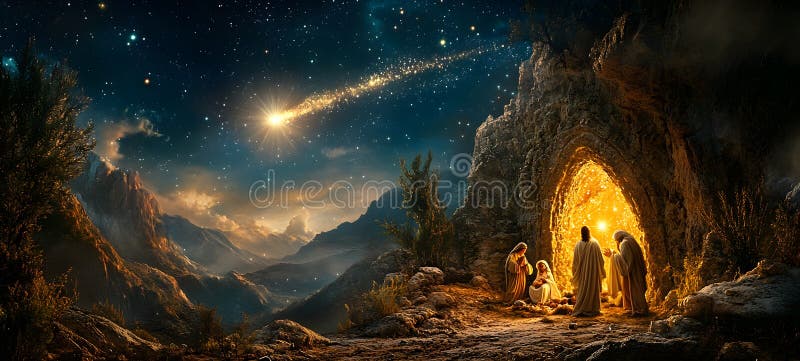 Mystical Cave with Comet and Celestial Beings in a Dreamlike Landscape ...