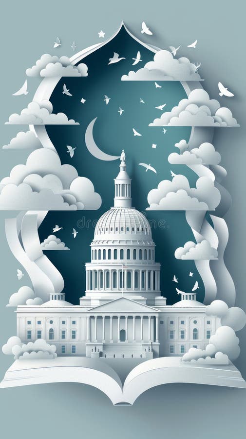 Intricate Papercraft of Capitol Building with Moon and Birds Creative ...