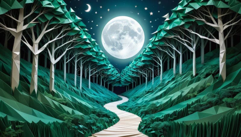 Enchanting Forest Path Under a Full Moon Stock Image - Image of night ...