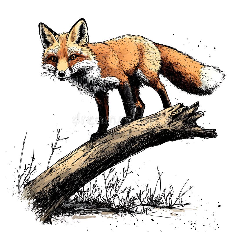 Fox Balancing on Fallen Tree in Dynamic Motion Stock Illustration ...