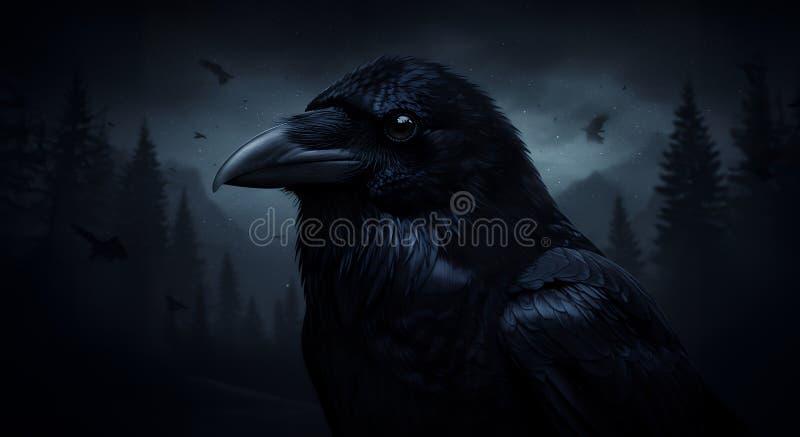 Dramatic Raven Illustration with Piercing Eyes and Mystical Atmosphere ...