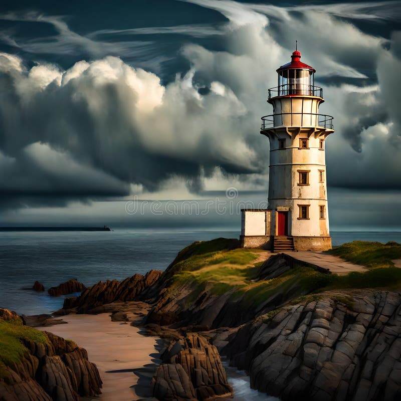 Mystic Lighthouse: AI-Created Art of Stormy Skies Stock Illustration ...