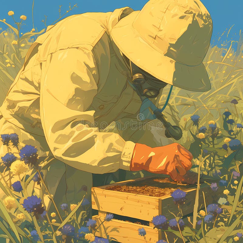 Beekeeper Examining Hive in Pastoral Setting Stock Illustration ...