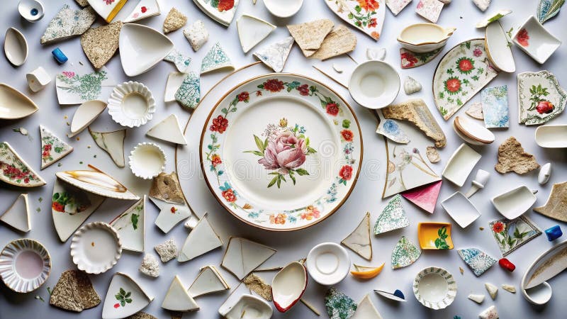 Minimalist Illustration of Broken Plates and Shattered Porcelain Dishes ...