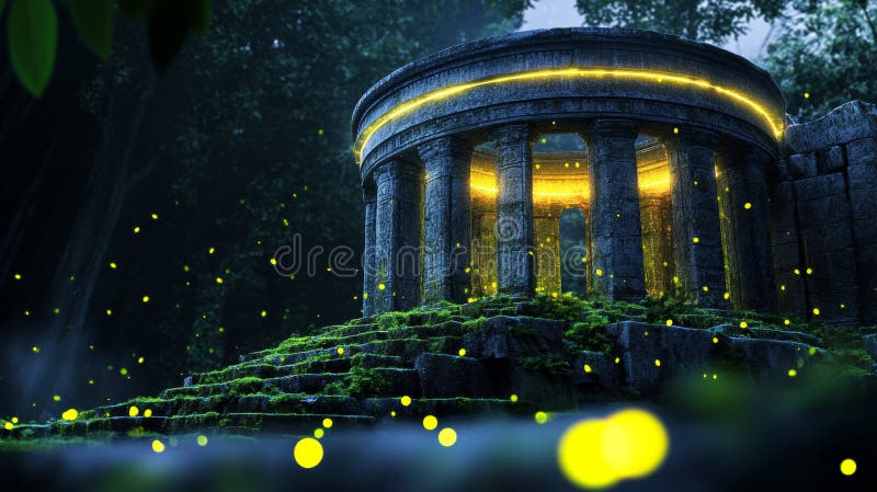Ancient Stone Temple in a Magical Forest with Fireflies at Night Stock ...