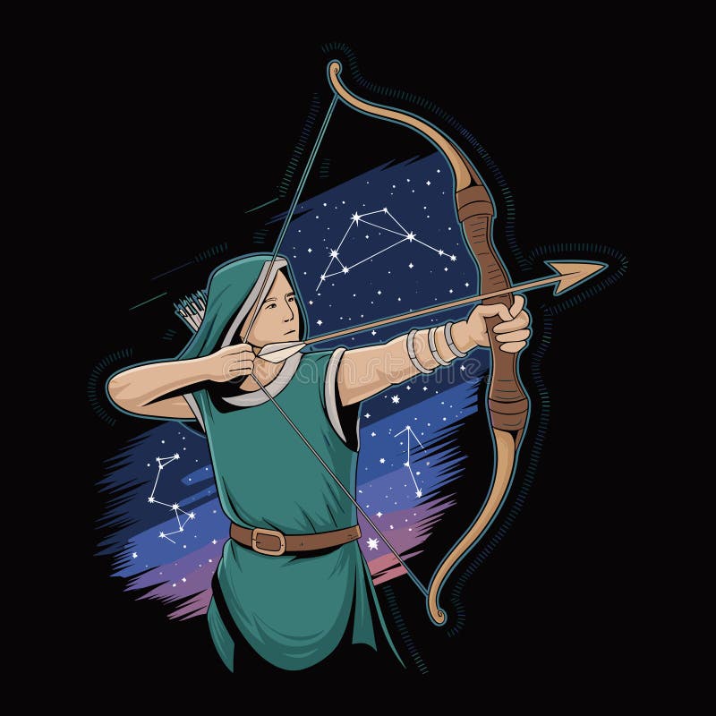 An Archer Drawing a Bow Against a Backdrop of Constellations and a ...