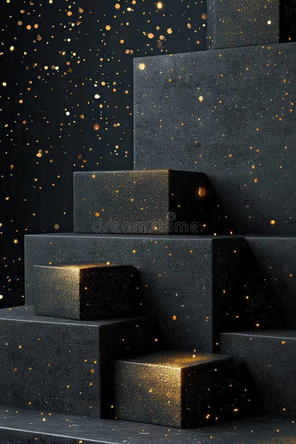 Stacked Black Gift Boxes with Golden Particles in Ethereal Light Stock ...