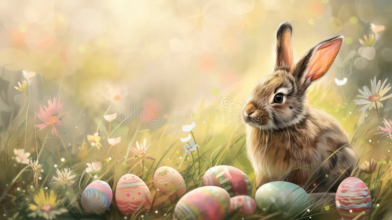 A Playful Easter Bunny Surrounded by Colorful Easter Eggs Stock ...