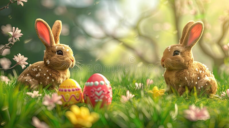 A Playful Easter Bunny Surrounded by Colorful Easter Eggs Stock ...