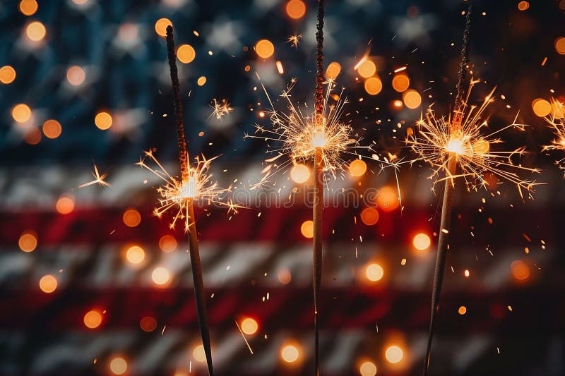 Closeup of Sparklers with American Flag Background and Bokeh Effect ...