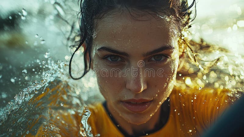 Intense Close-up Portrait of a Female Rower Facing Forward with ...