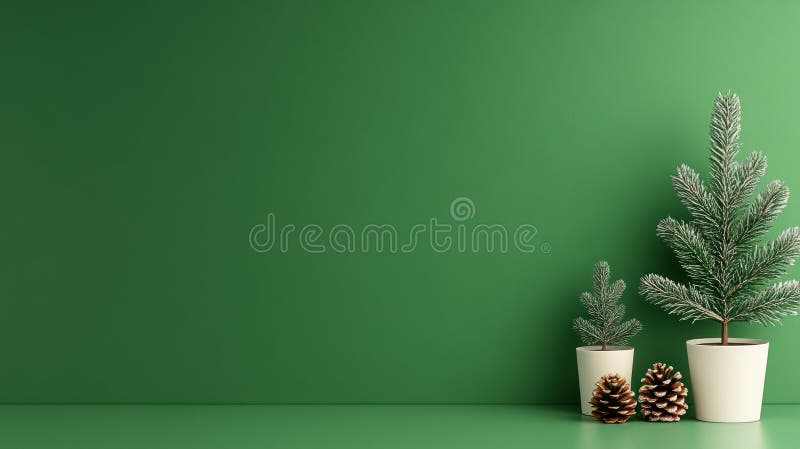 Minimalist Winter Tabletop Display with Pine Trees and Cones on Green ...
