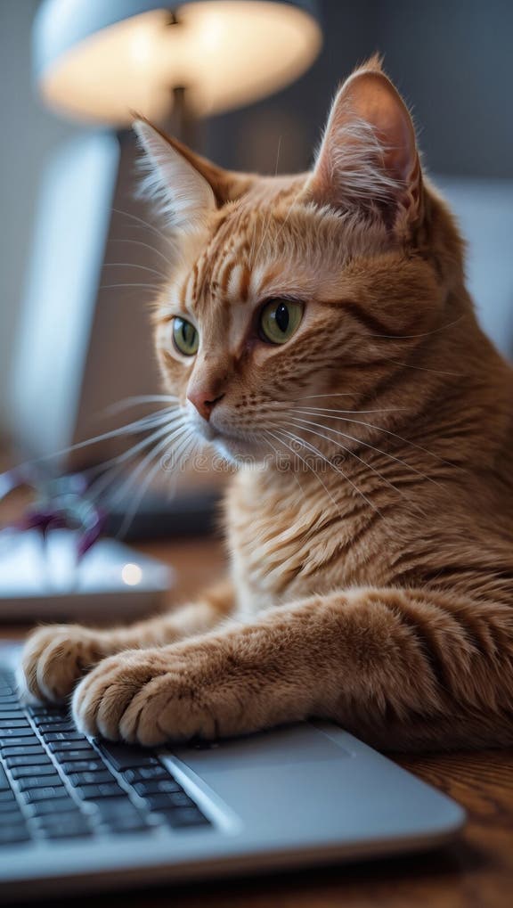 Orange Tabby Cat Intently Focused while Typing on a Computer Keyboard ...