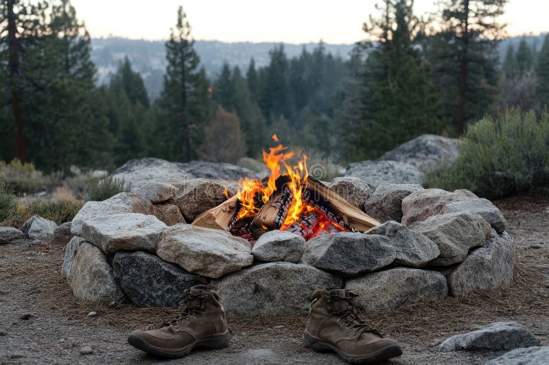 Rustic Campfire Scene: Visceral Closeup of Night Camping with Hiking ...