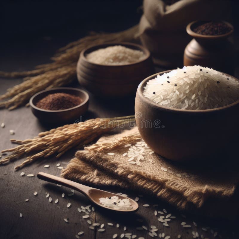 Rice Presented in Ceramic Bowl on Wooden Table Stock Illustration ...