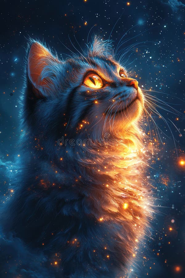 Glowing Cat in a Starry Sky with Surreal Artistic Lighting Stock Photo ...