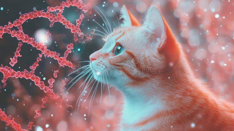 Cat Observing DNA Structure with Artistic Elements and Colors Stock ...