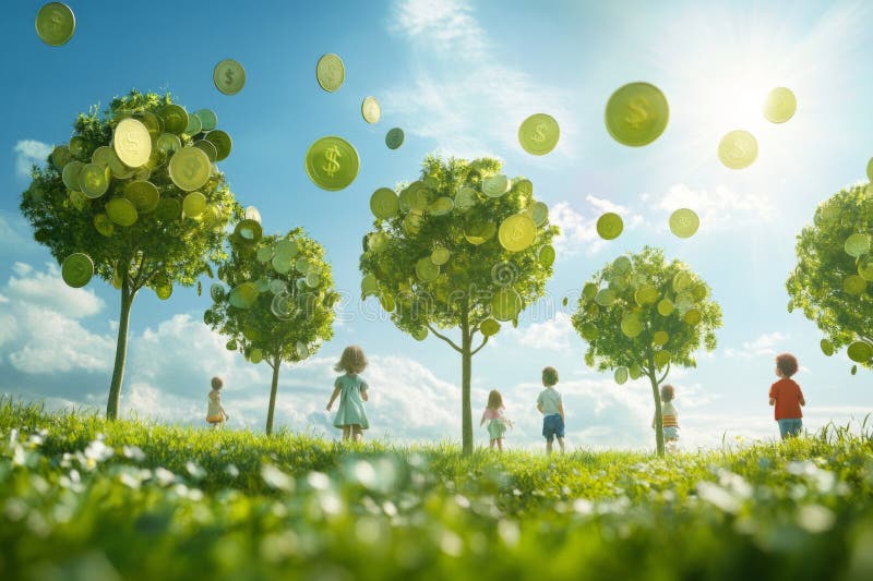 Children Play Joyfully Under Trees with Green Leaves, As Coins Circle ...