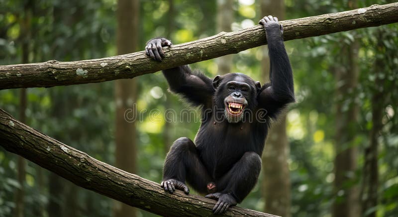 Playful Chimpanzee Hanging from Tree Branch in Lush Forest Stock ...