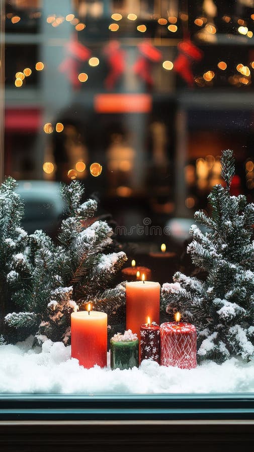 Festive Christmas Window Display Candles Snow Trees Stock Illustration ...