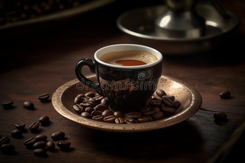Ai Generative Coffee Cup and Roasted Coffee Beans on Wooden Table. Dark ...