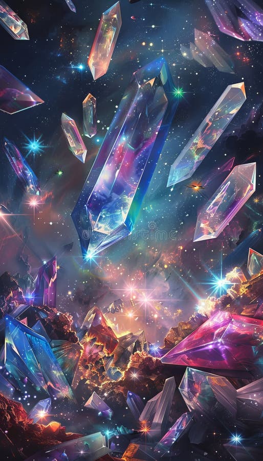 Captivating Image of Colorful Floating Crystals Set Against a Starry ...