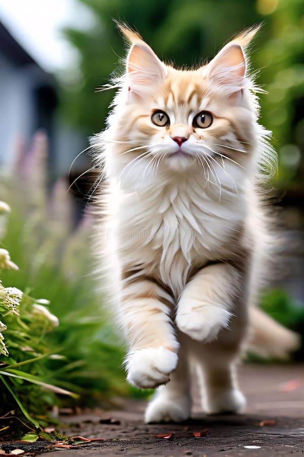 Majestic Maine Coon: Cream-Colored Kitten with Fluffy Tail Running ...