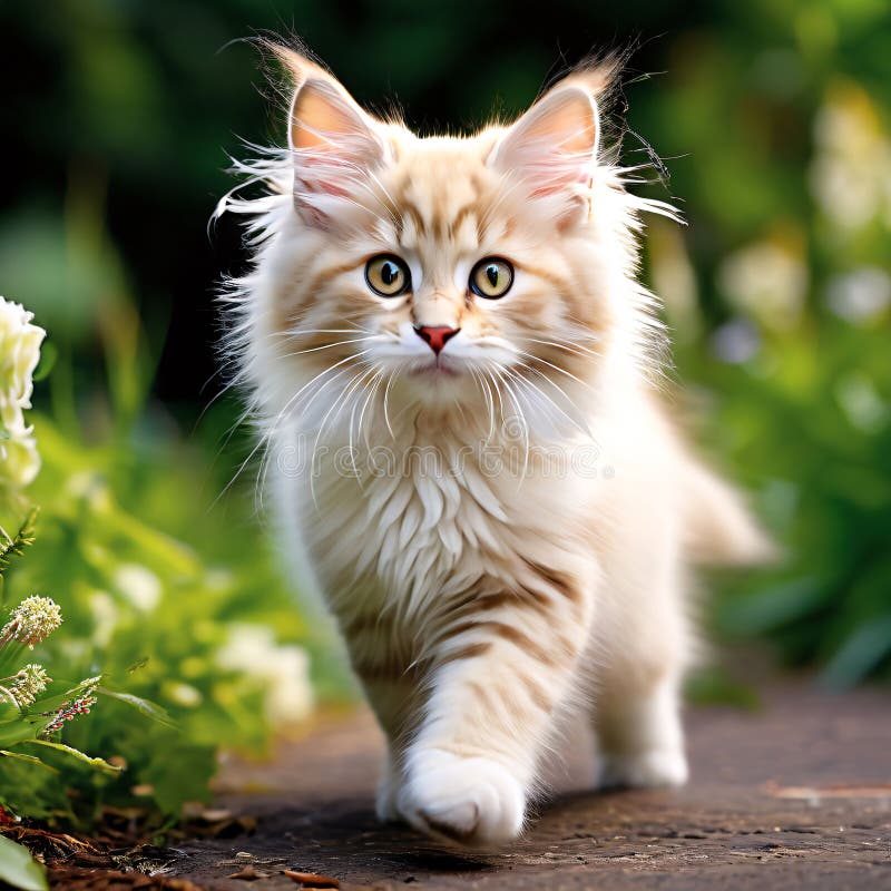 Majestic Maine Coon: Cream-Colored Kitten with Fluffy Tail Running ...