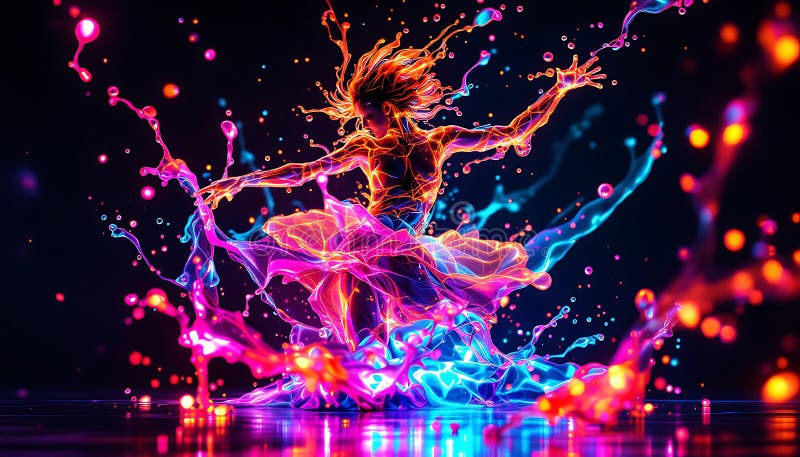 Neon Dancer in Vibrant Paint Splash: a Dynamic Digital Artwork Stock ...