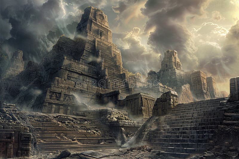 Ancient Mayan Ruins Under Dramatic Sky Stock Illustration ...