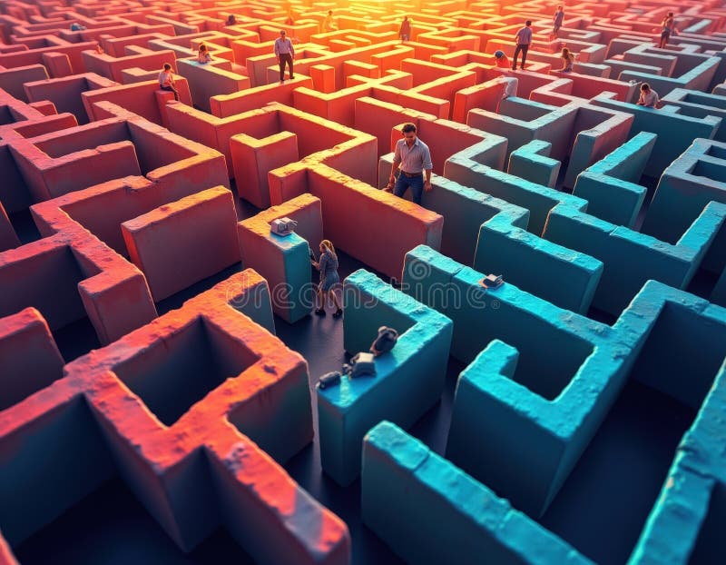 Complex Maze Challenge Diverse People Navigating a Colorful Labyrinth ...