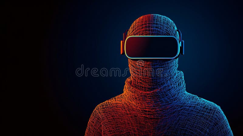 Futuristic Wireframe Person Wearing VR Headset in Neon Colors Immersive ...