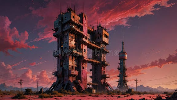 Post-Apocalyptic Sunset Towers Stock Illustration - Illustration of ...