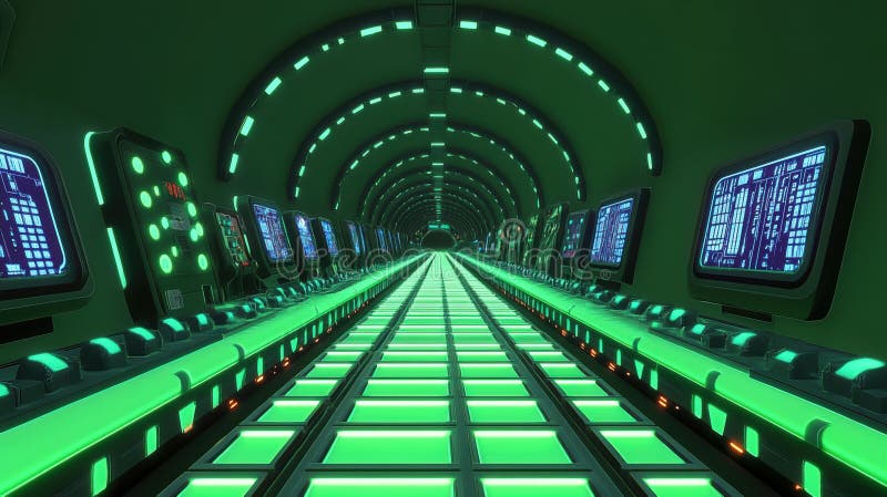 Futuristic Green Corridor stock illustration. Illustration of glowing ...