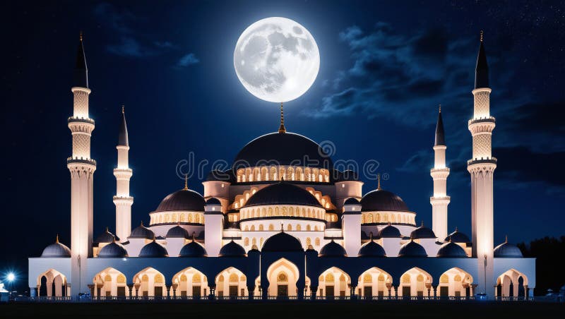 A Majestic Mosque Stands Illuminated Under the Moon - a Serene ...